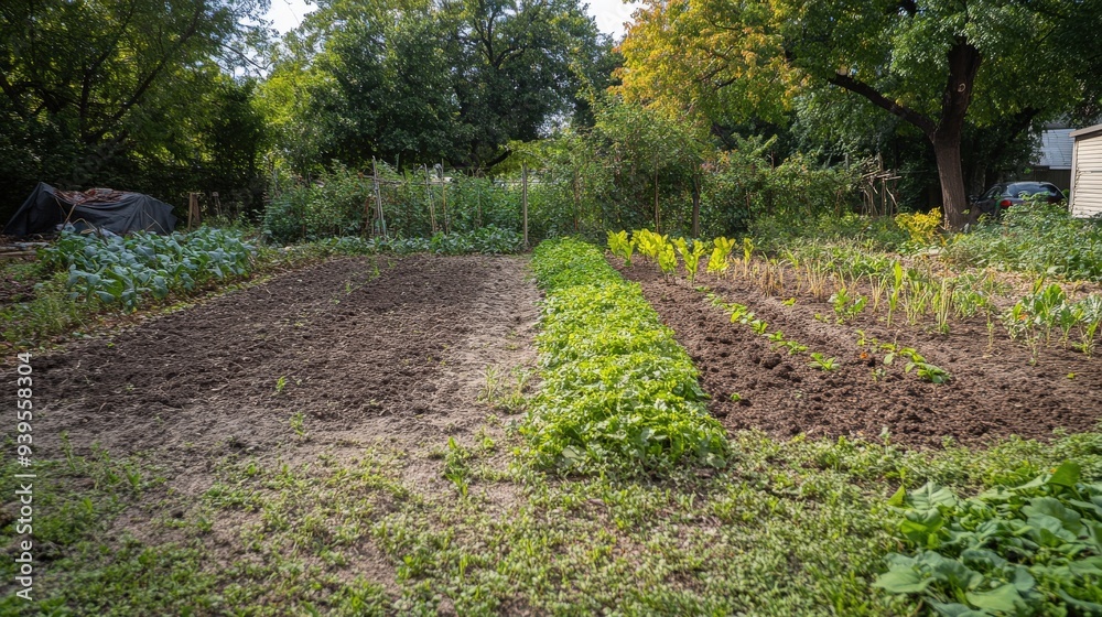 The garden plot reveals freshly tilled earth on one side, while the ...