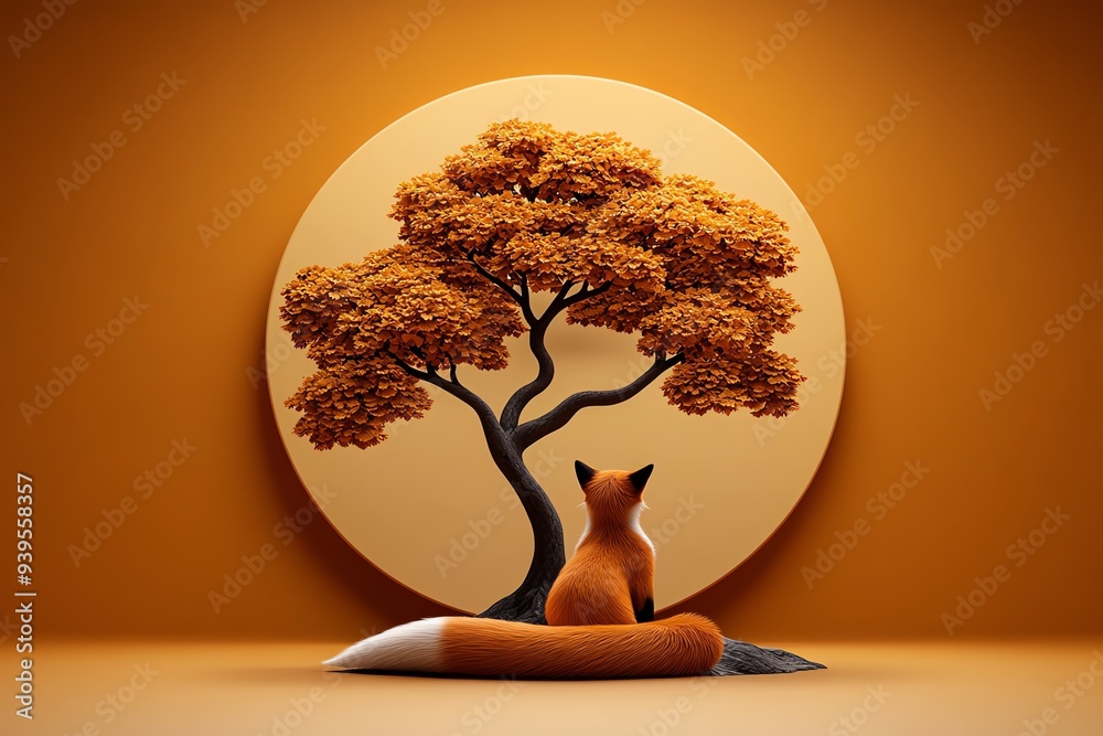 A serene and peaceful scene of the nine-tailed fox meditating under a ...