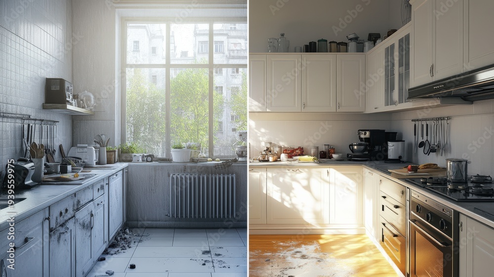 A kitchen undergoes a remarkable transformation from a cluttered and ...