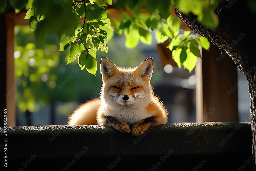 A serene scene of the nine-tailed fox resting at the entrance of an ...