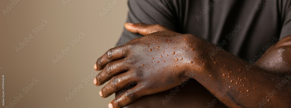 African black man with symptoms of mpox disease, painful rash, red ...