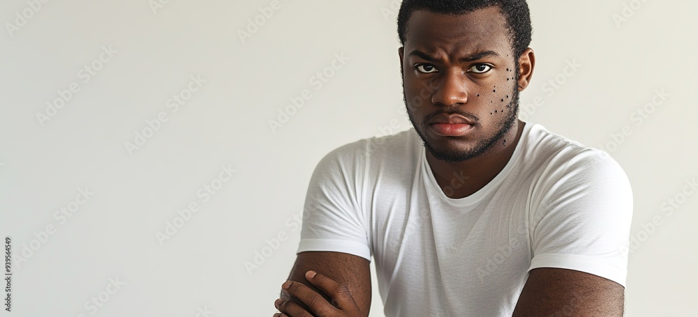 African black man with symptoms of mpox disease, painful rash, red ...