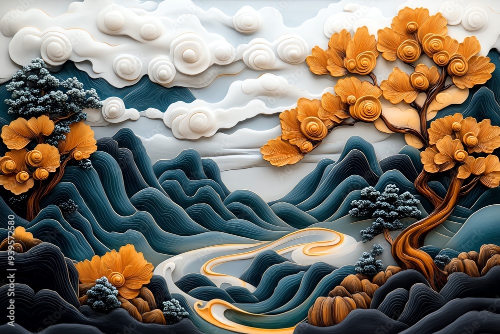 A traditional Chinese scroll painting of the nine-tailed fox, with a ...