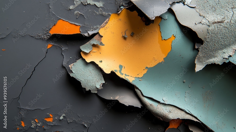 A close-up macro photograph of peeling paint revealing layers of ...