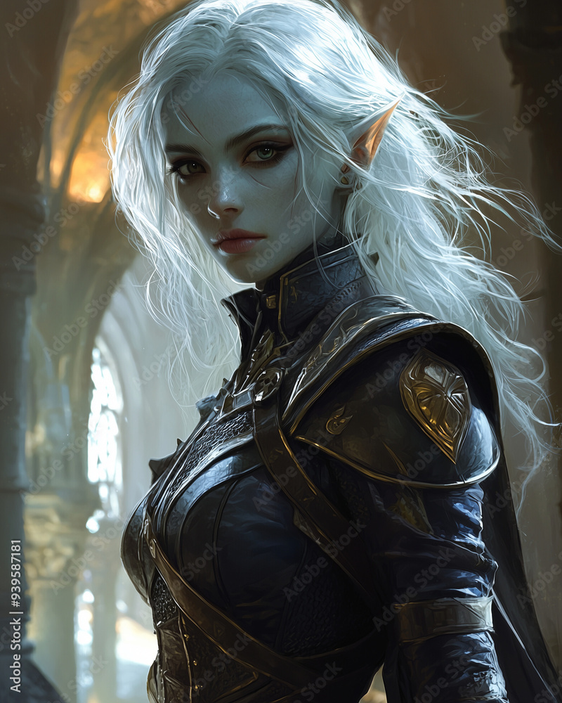 elven knight in dark armor with white hair standing in a grand ...