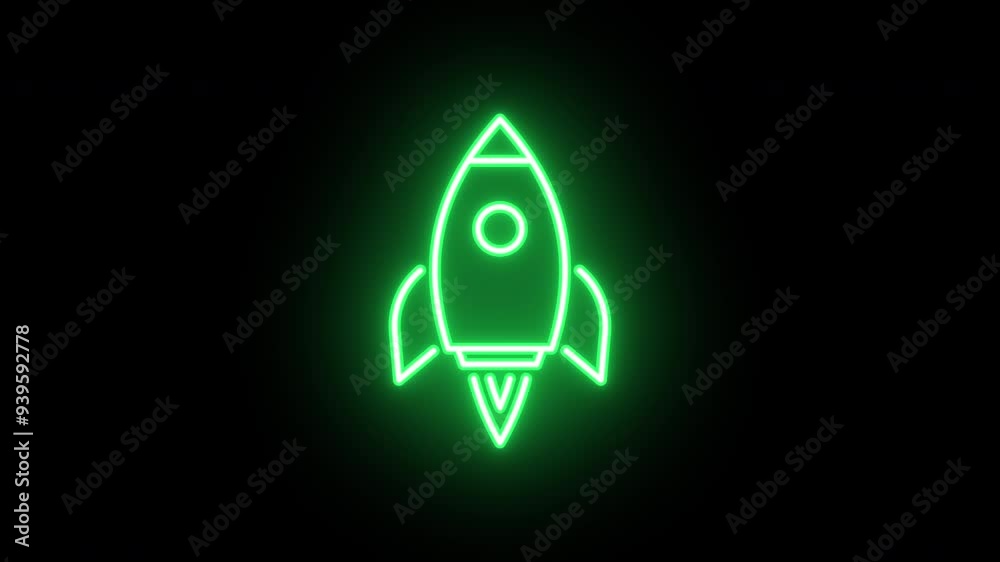 Neon rocket animation, uniform rotation with color blink. Glowing neon ...