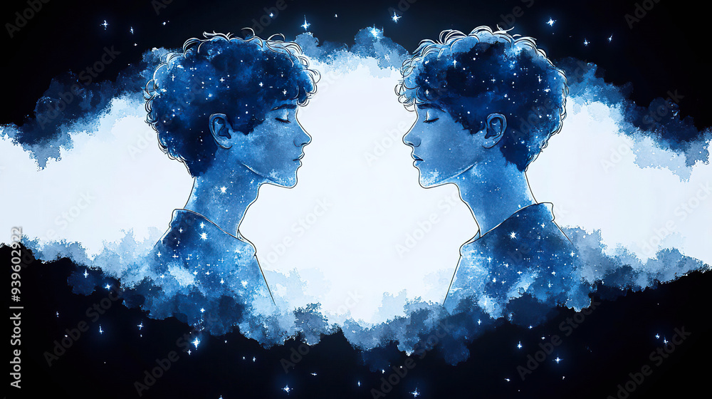 Two identical men with curly hair are depicted, their bodies filled ...
