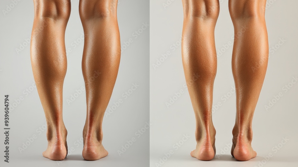 The image shows a side-by-side comparison of a person's legs ...