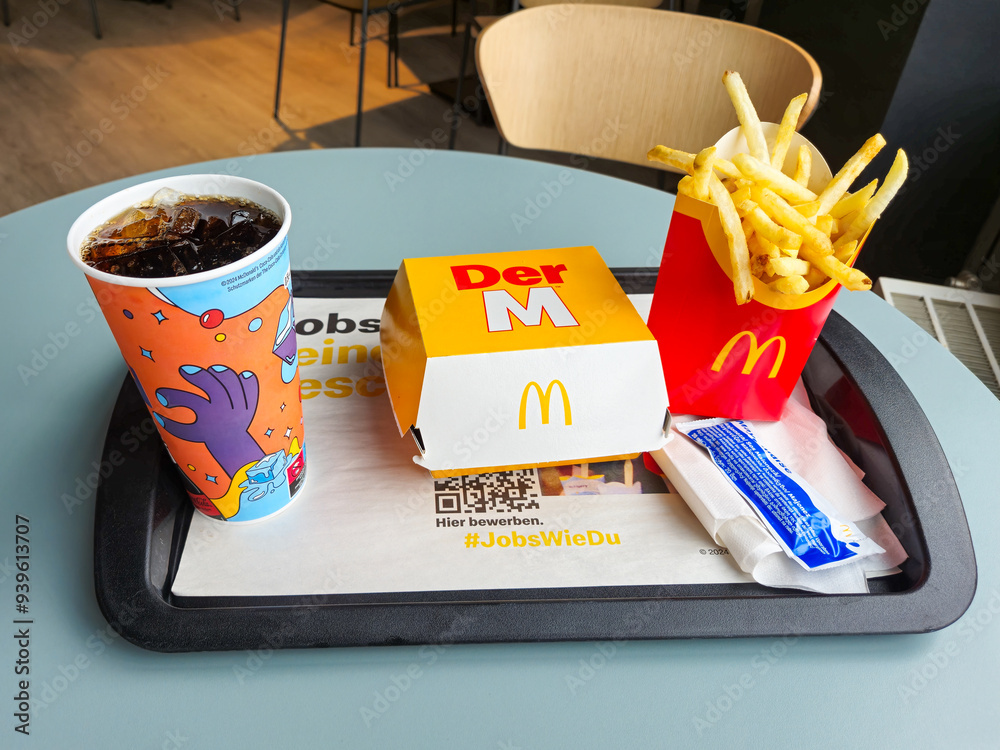 Hamm, Germany - July 16, 2024: McDonald menu with Der M burger Coca ...