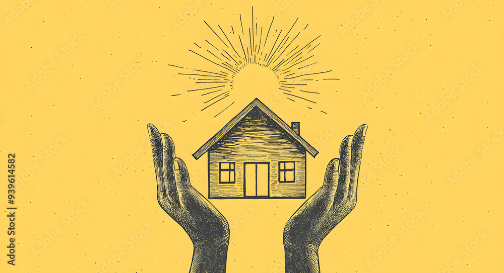 "Two Hands Holding Up the Outline of a House with a Sun, Symbolizing a ...