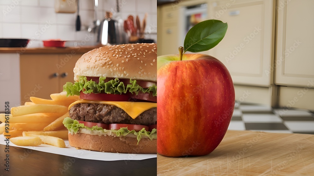 Image divided into two halves, burger and apple. Healthy vs unhealthy ...