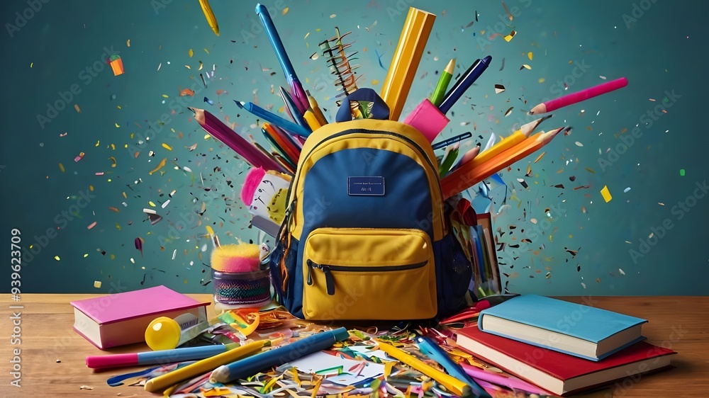 Vibrant and Energetic Image of School Supplies Exploding Out of a ...
