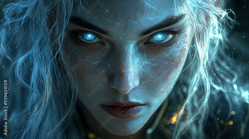 elven warrior with glowing blue eyes and ethereal white hair, her ...