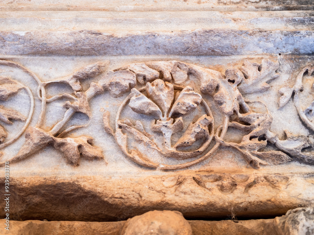 Selcuk, Turkey - May 12, 2024: carved pattern on stone in Ancient ...