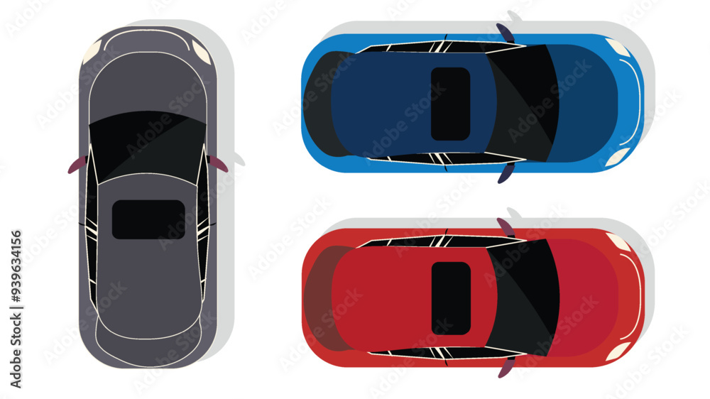 Vector illustration of cars in top view, featuring three different ...