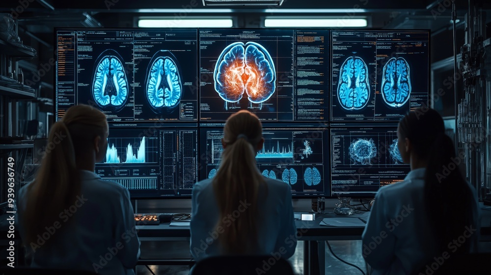 Team of Scientists Analyzing Detailed Brain Scans on Multiple Monitors ...