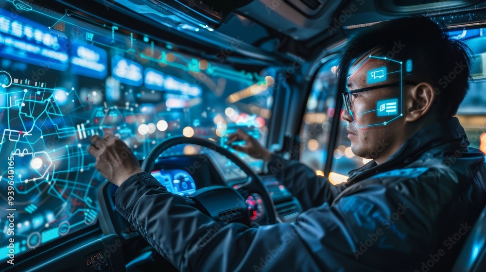 Tech-Savvy Truck Driver in 2050 China Checking Data and Cargo ...