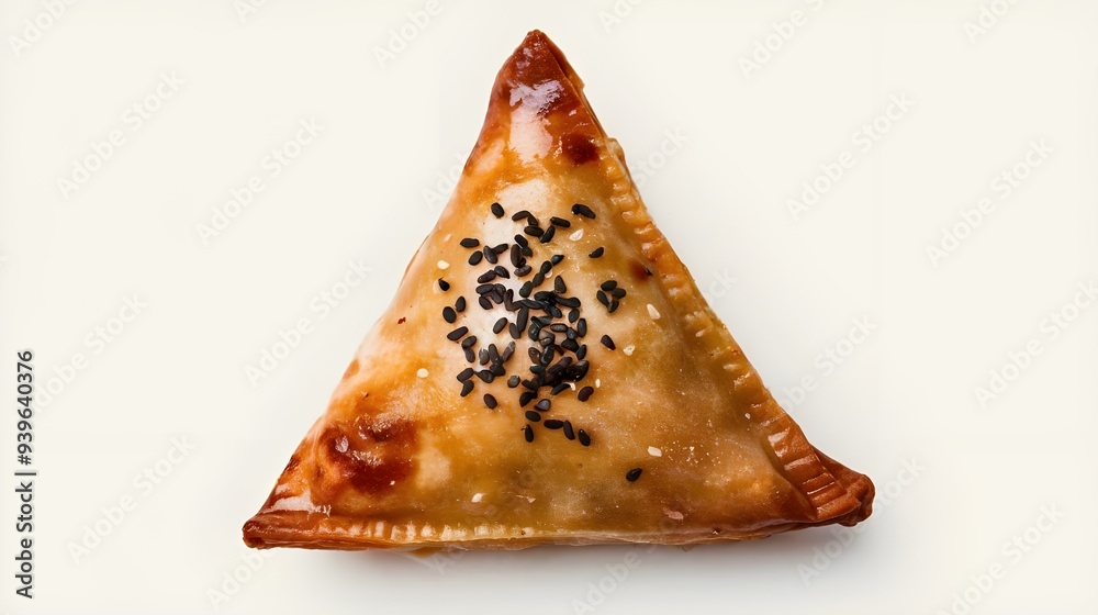 An Indian snack food, a golden-brown onion samosa, triangular in shape ...