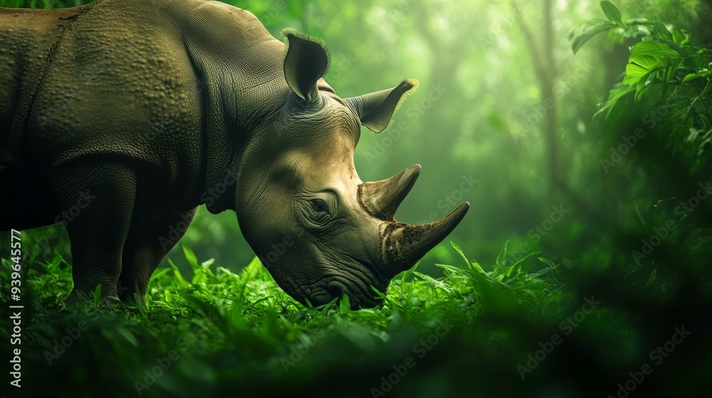 Endangered Javan Rhino calmly grazing, Forest clearing framed by dense ...