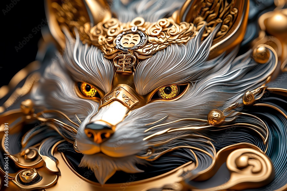 A close-up of the nine-tailed foxâ€™s tails, each one adorned with ...
