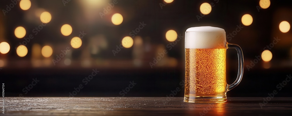 A half-full beer mug on a bar counter, with lights reflecting off the ...