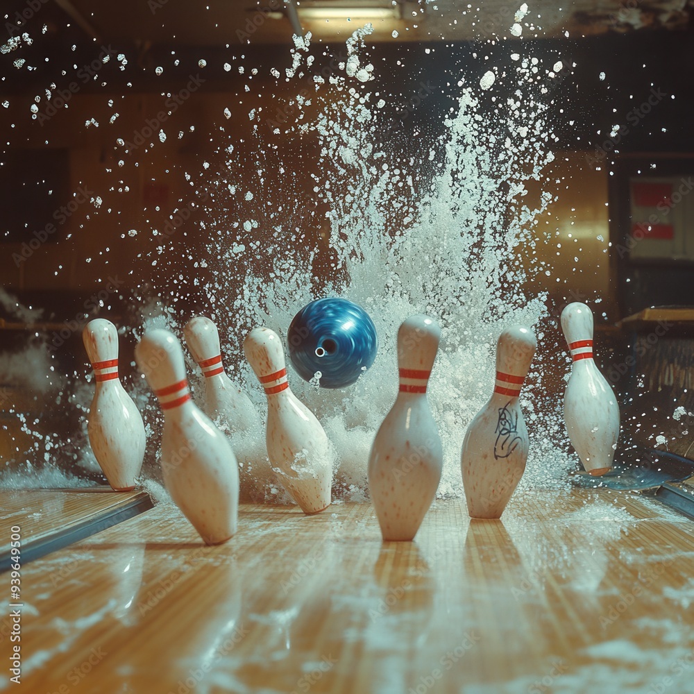 Dynamic bowling scene capturing the excitement of a ball striking pins ...