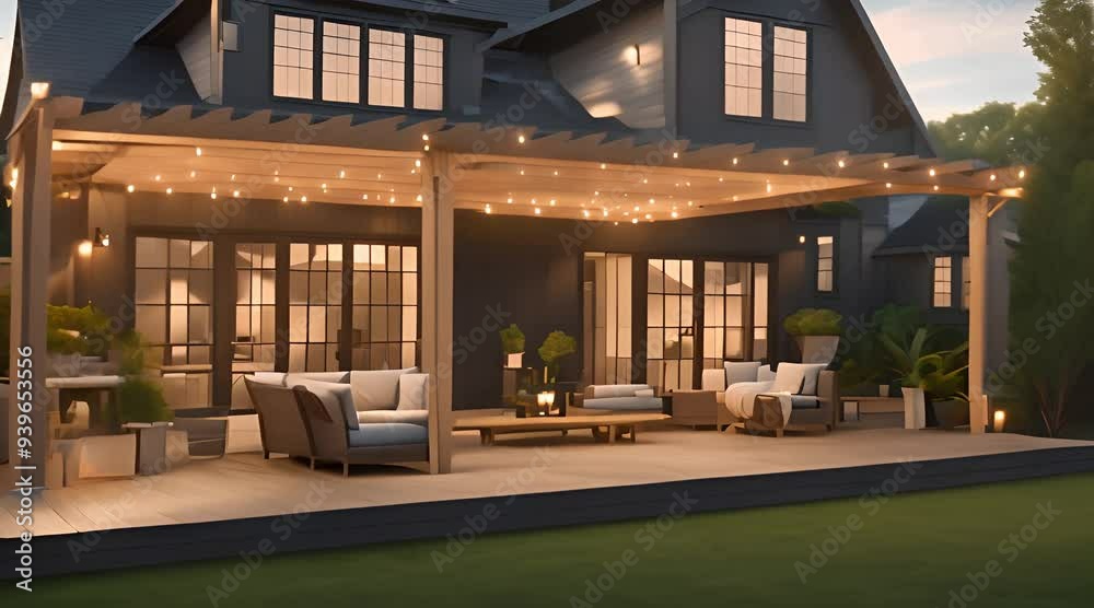 Back yard house exterior with spacious wooden deck with patio area and ...