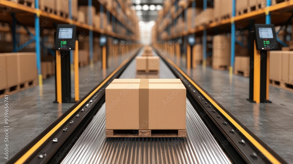 Conveyor belts moving goods through a warehouse while scanners track ...