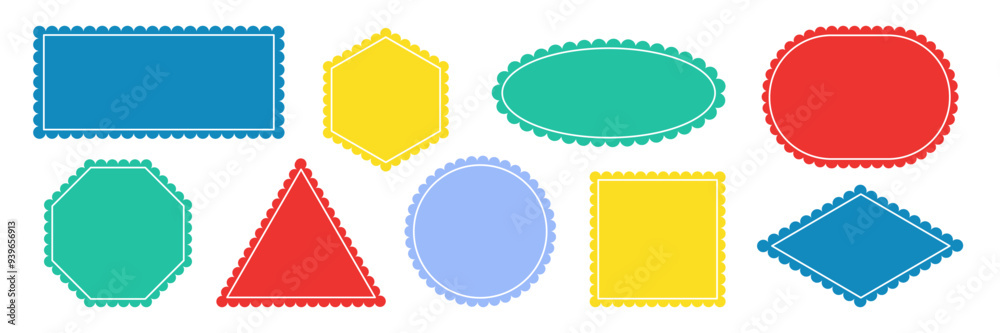 Set of colorful scalloped frames. Geometric playful shapes stickers ...