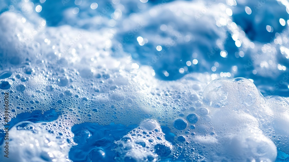 Suds of detergent foam bubble floating on a vibrant blue water surface ...