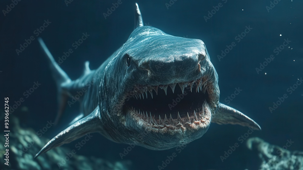 4K Realistic Goblin shark with protruding jaws, deep sea ambush attack ...