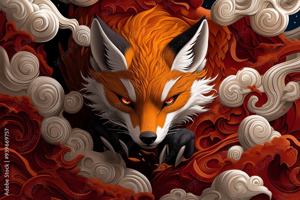 A dramatic scene where the nine-tailed fox is depicted as a guardian of ...