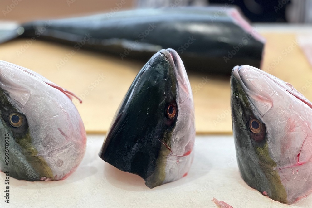 4K Chef skillfully fillets Hamachi fish, with the fish head visible in ...