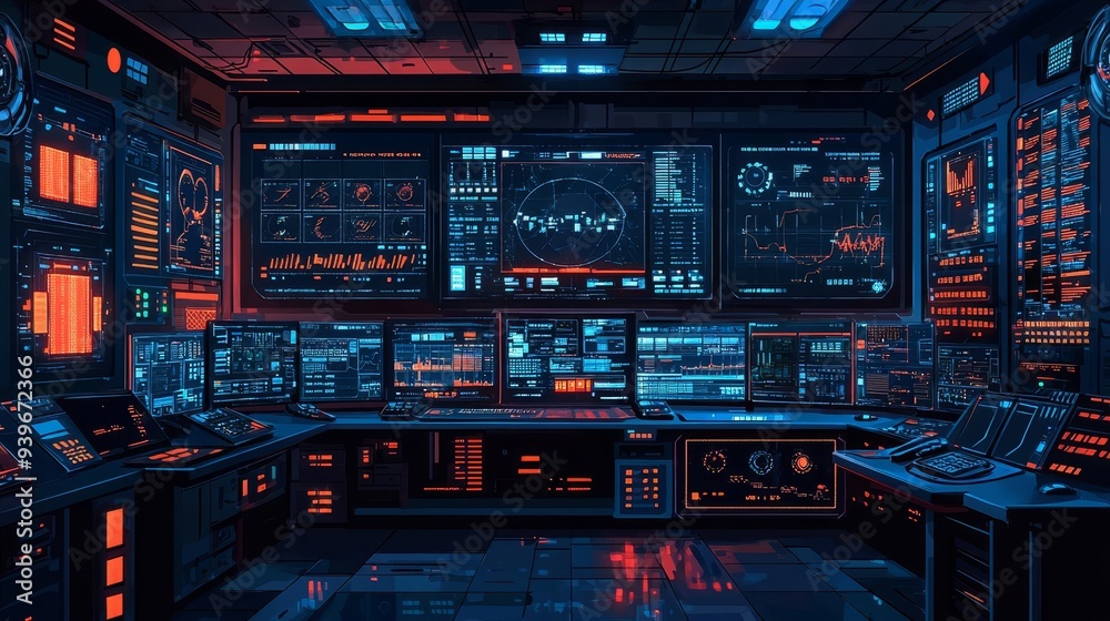 A hightech command center with multiple screens showing realtime network security threats and ...