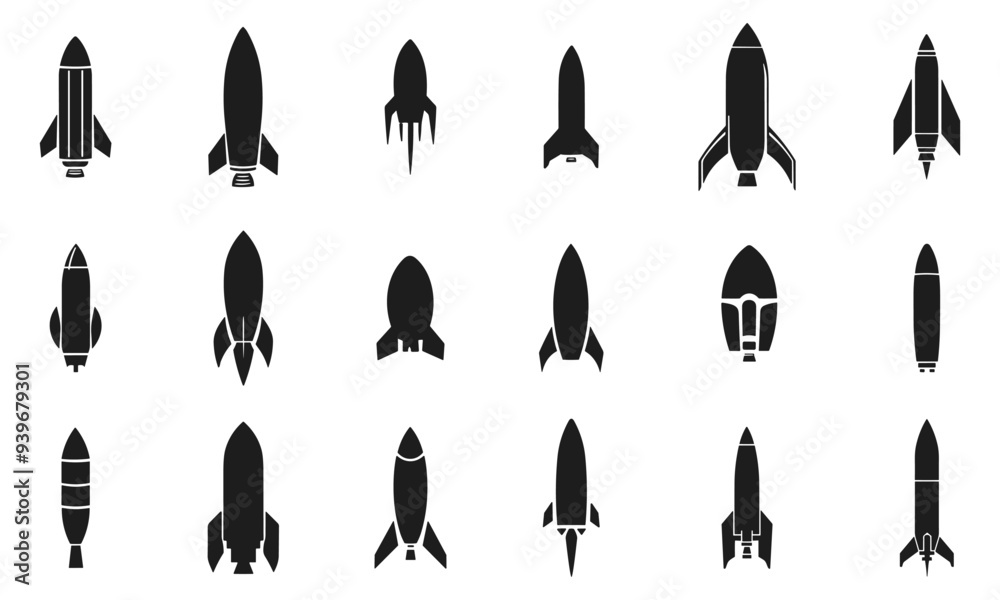 Atomic nuclear bomb black icon set. Combat missiles rocket weapons ...