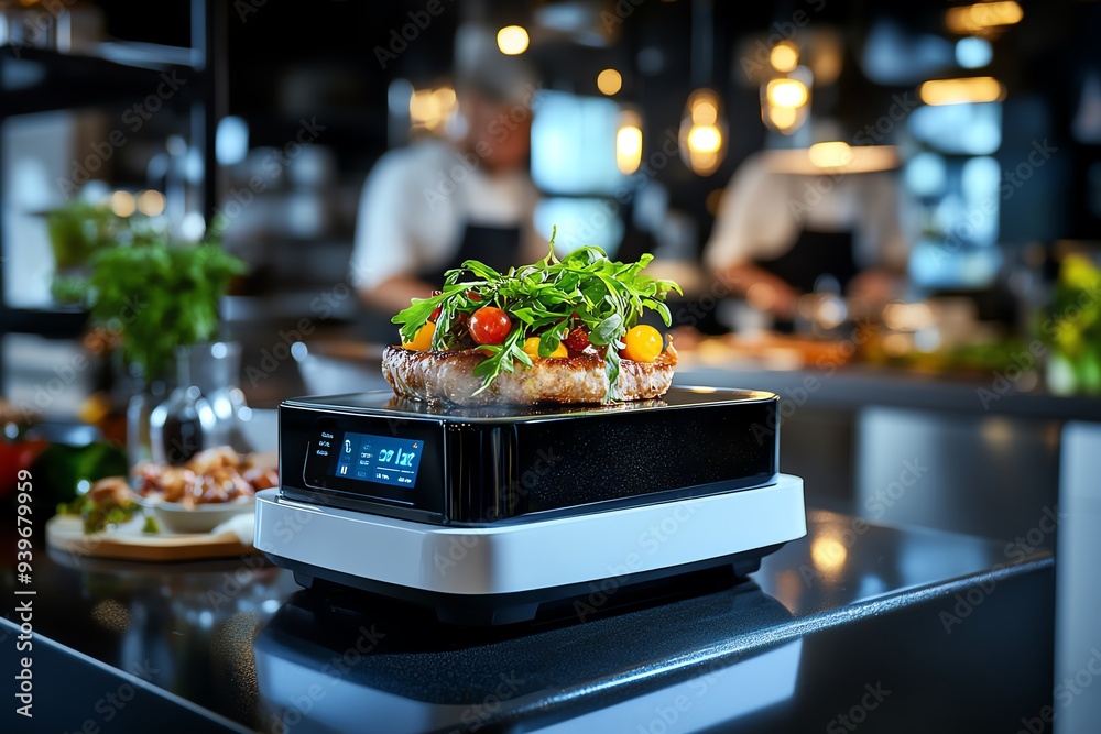 A food scale in a busy restaurant kitchen, used to ensure consistent ...