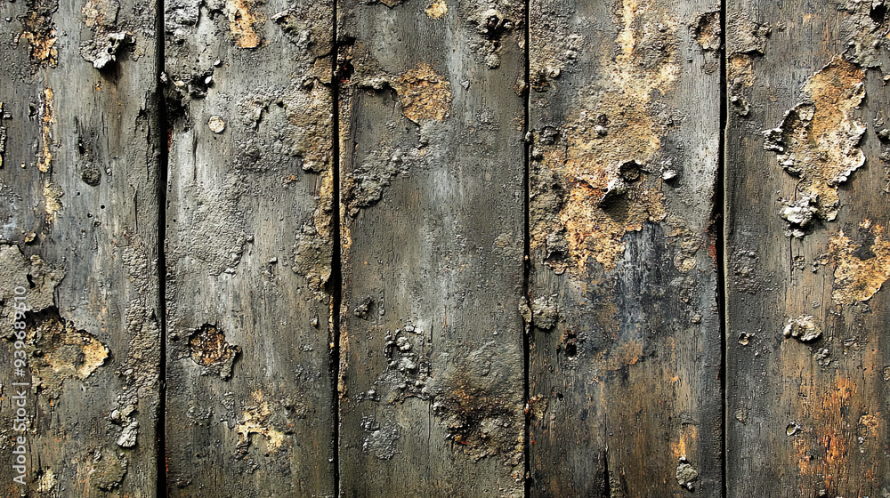 Weathered wooden planks with peeling paint and rust spots in a dimly ...
