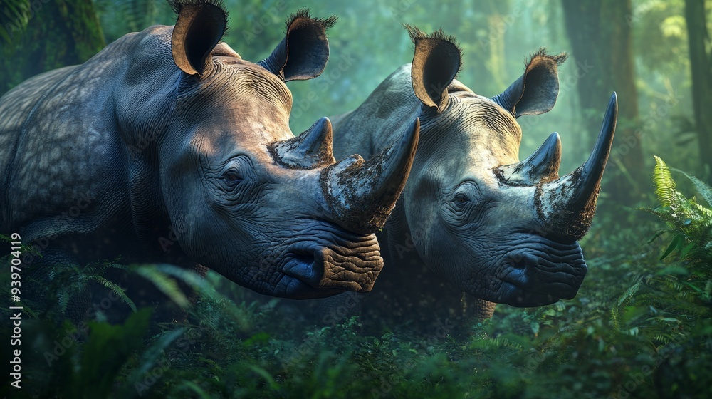 Two Javan Rhinos in Dense Rainforest, Skin Texture Mirroring Rugged ...