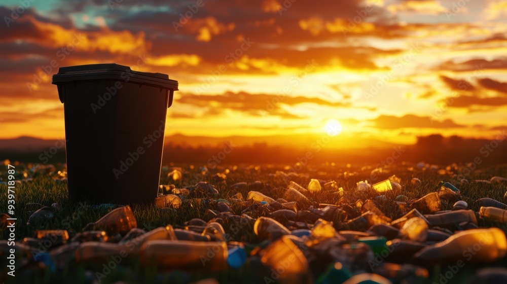 Sunset view of a garbage bin surrounded by litter on a field ...