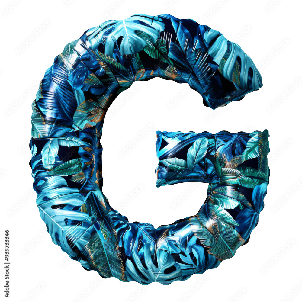 blue color metallic leaves G alphabet balloon Realistic 3D on white ...