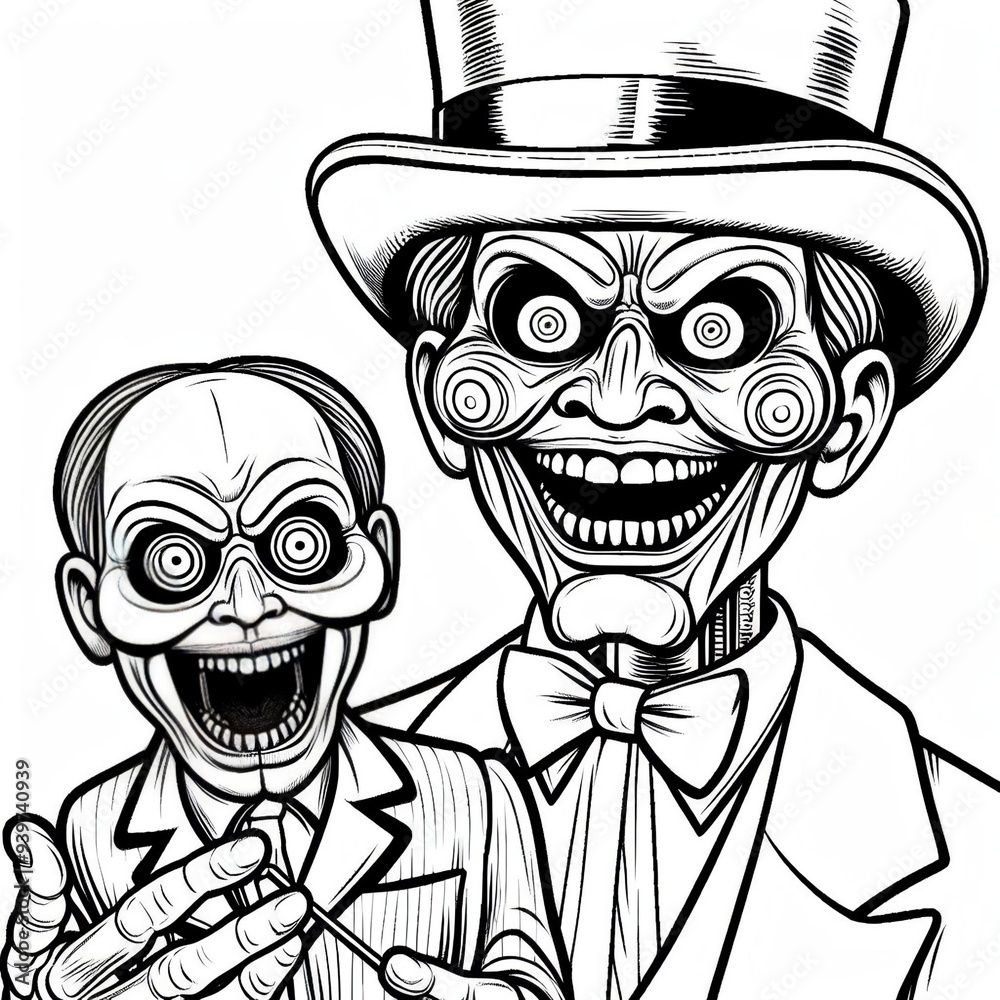 Horror scary girl doll character coloring page illustrated black and ...