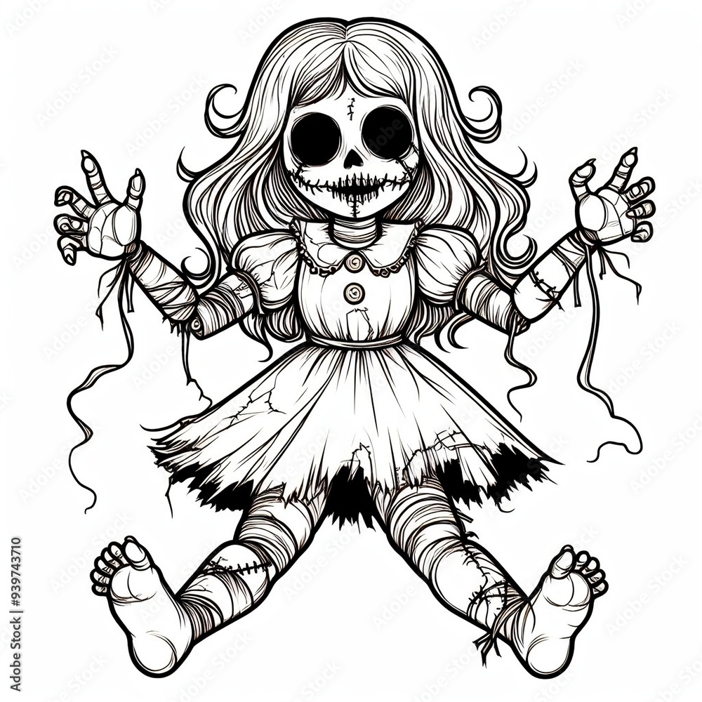 Horror scary girl doll character coloring page illustrated black and ...