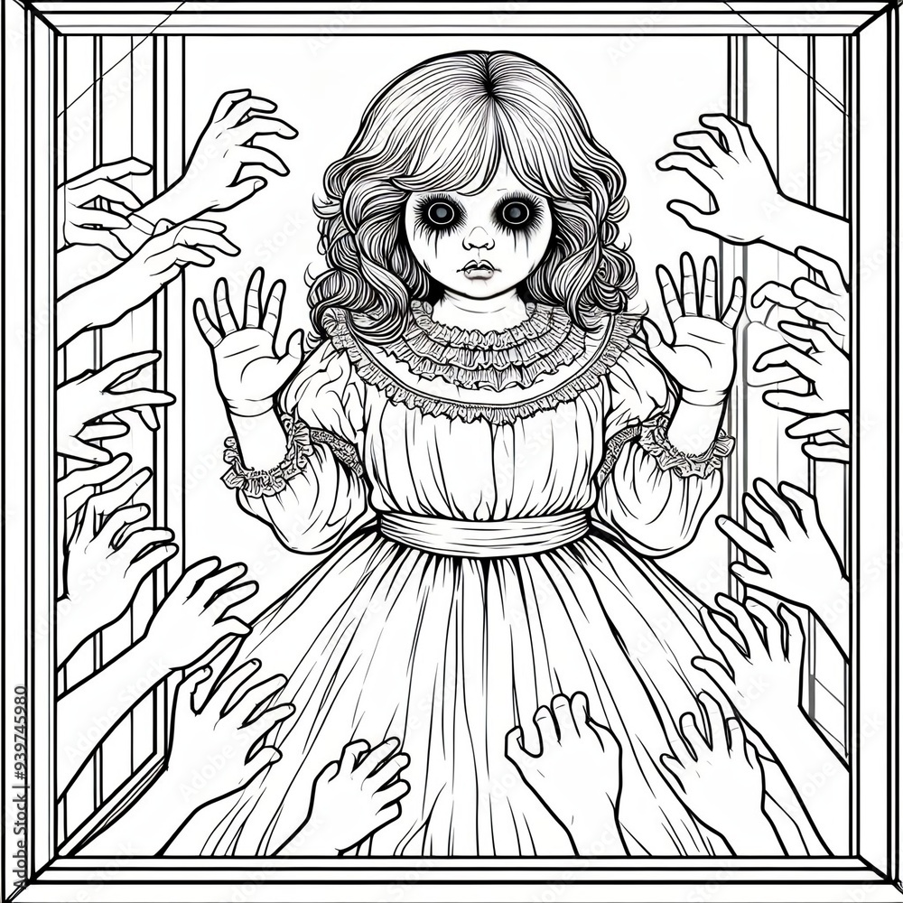 Horror scary girl doll character coloring page illustrated black and ...