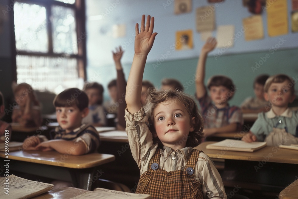 Children raising their hands in class a photo of an American school ...