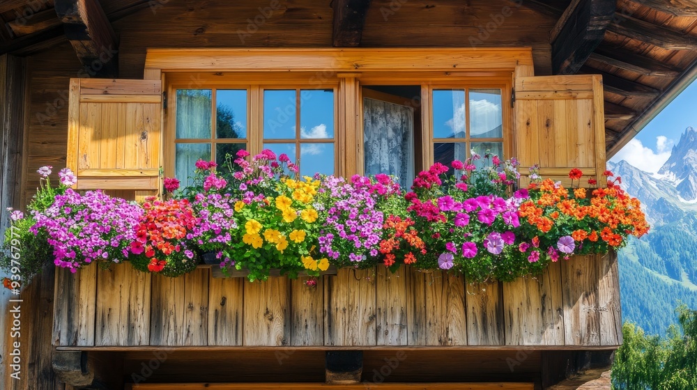 Beautiful summer day with flowers on the balcony of a traditional ...