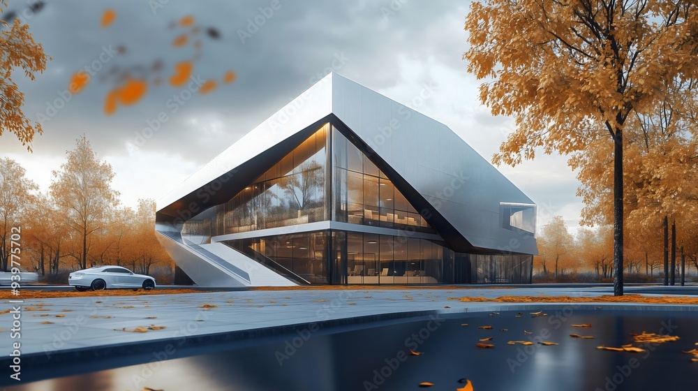 Modern futuristic exterior design of a geometric commercial building or ...