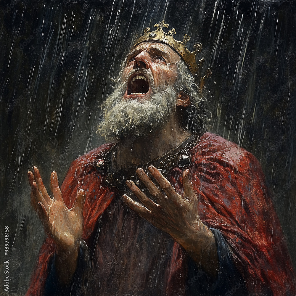 An intense portrayal of King Lear, drenched in rain, screaming at the ...