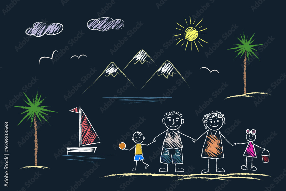 Children's chalk drawing of a family on the beach in summer. Mom, dad ...