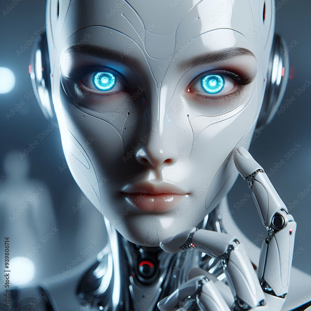 Closeup of a Futuristic High-Tech Android Humanoid Woman with Porcelain ...