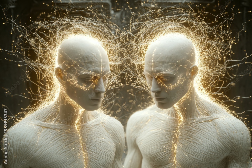 Two humanoid figures connected by neural pathways representing the deep connection shared ...